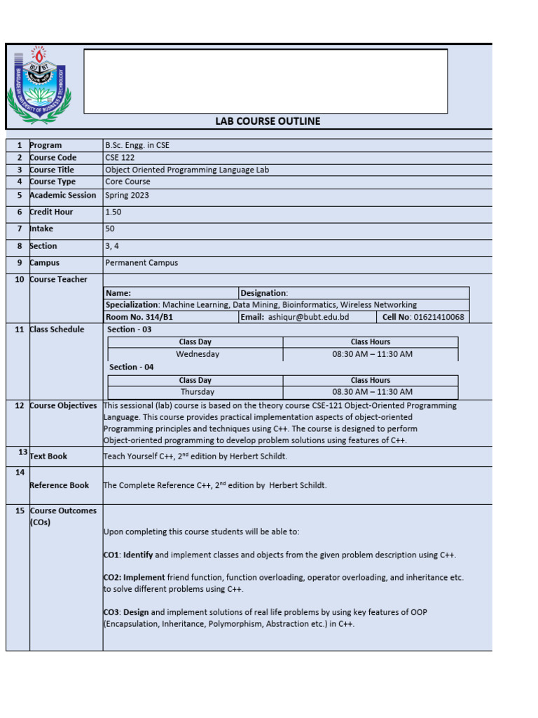 Cse 122 Oop Lab Obe Based Course Outline For Spring 2023 Pdf Class Computer Programming