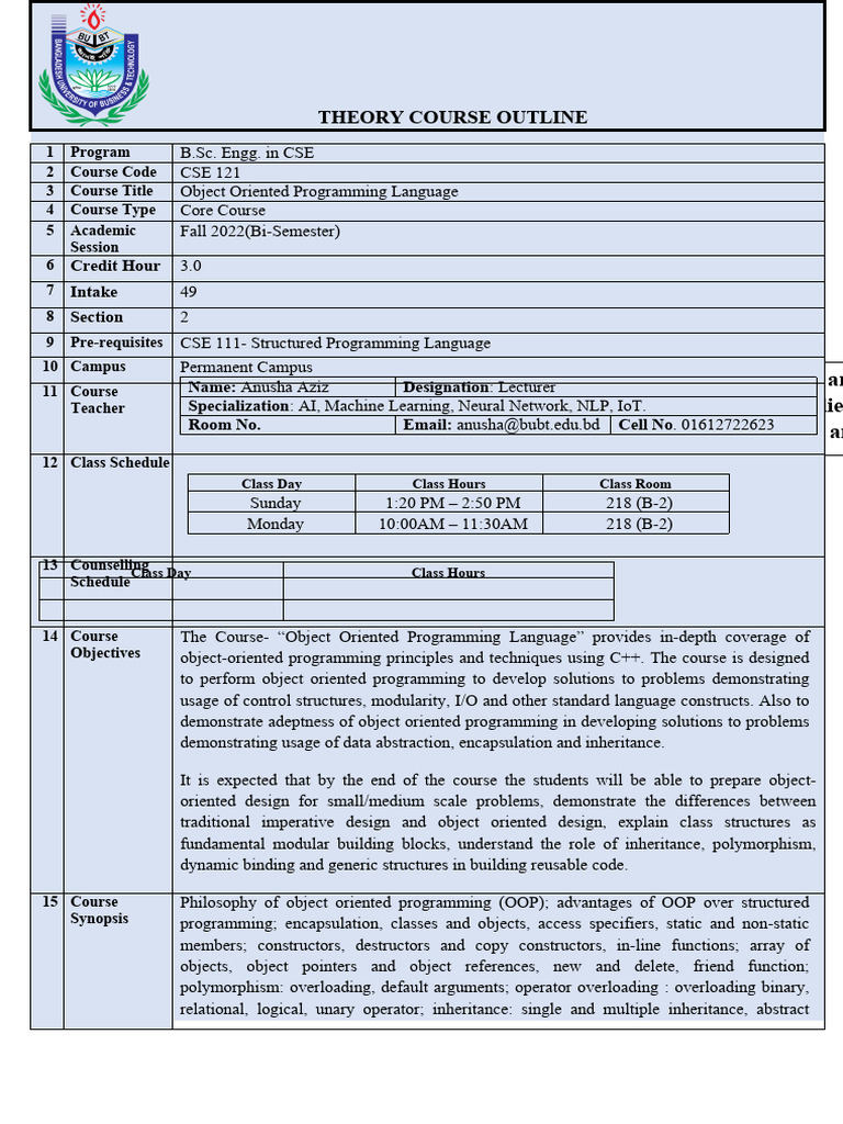CSE 121 (Object Oriented Programming Language) | PDF | C++ | Class ... CSE 121 (Object Oriented Programming Language) | PDF | C++ | Class ...