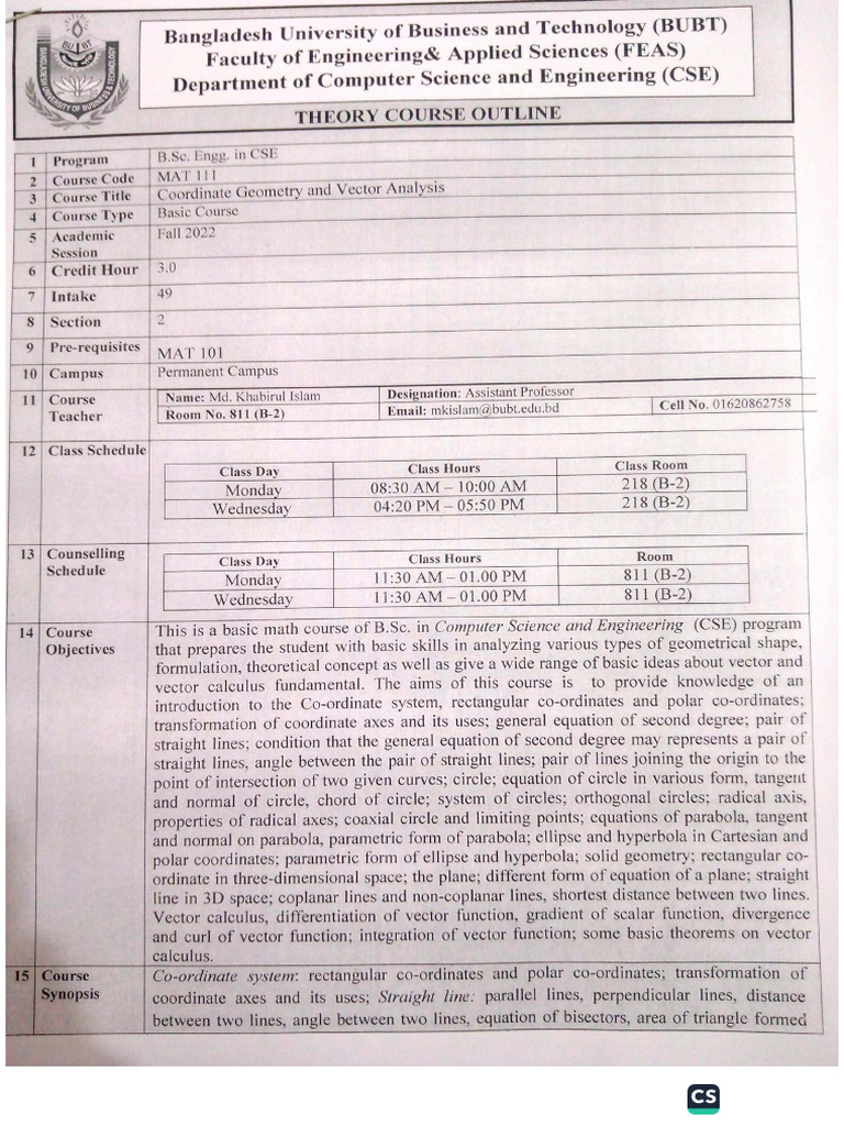 MAT 111 (Coordinate Geometry and Vector Analysis) | PDF
