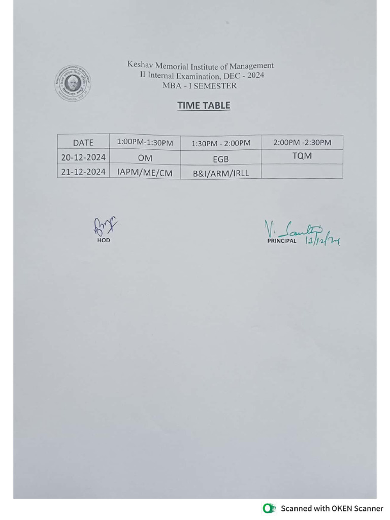 3rd Sem II-Internal Time Table | PDF