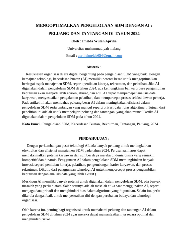 Mengoptimalkan Pengelolaan SDM Dengan Ai: Peluang Dan Tantangan Di Tahun 2024 | PDF