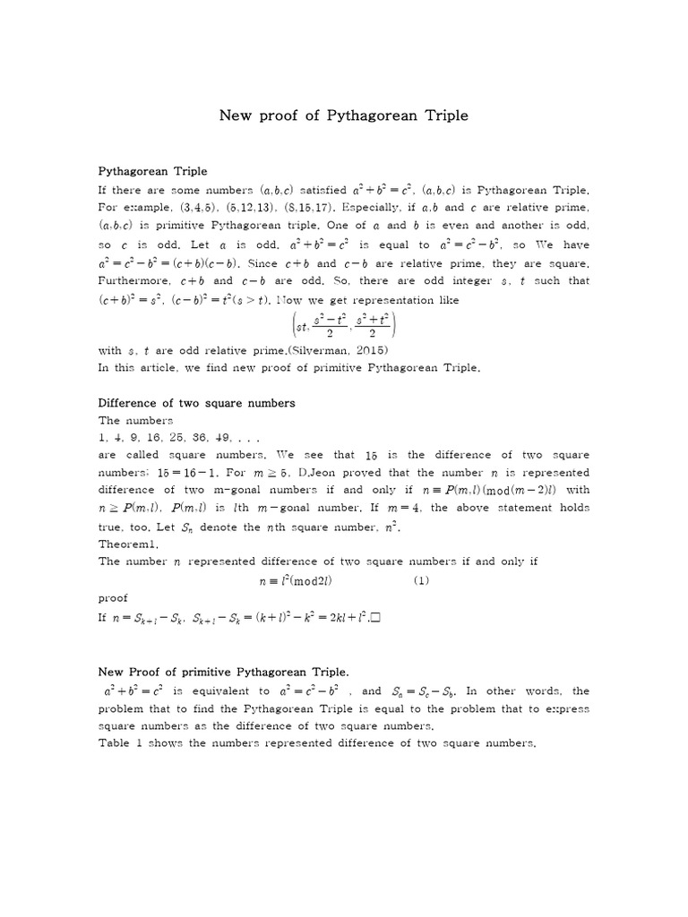 New proof of Pythagorean Triple | PDF | Numbers | Algebra