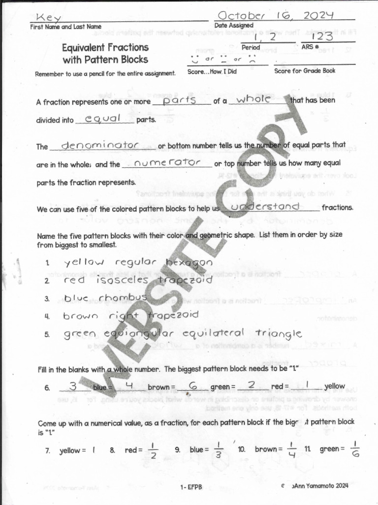 Equivalent Fractions With Pattern Blocks Key | PDF