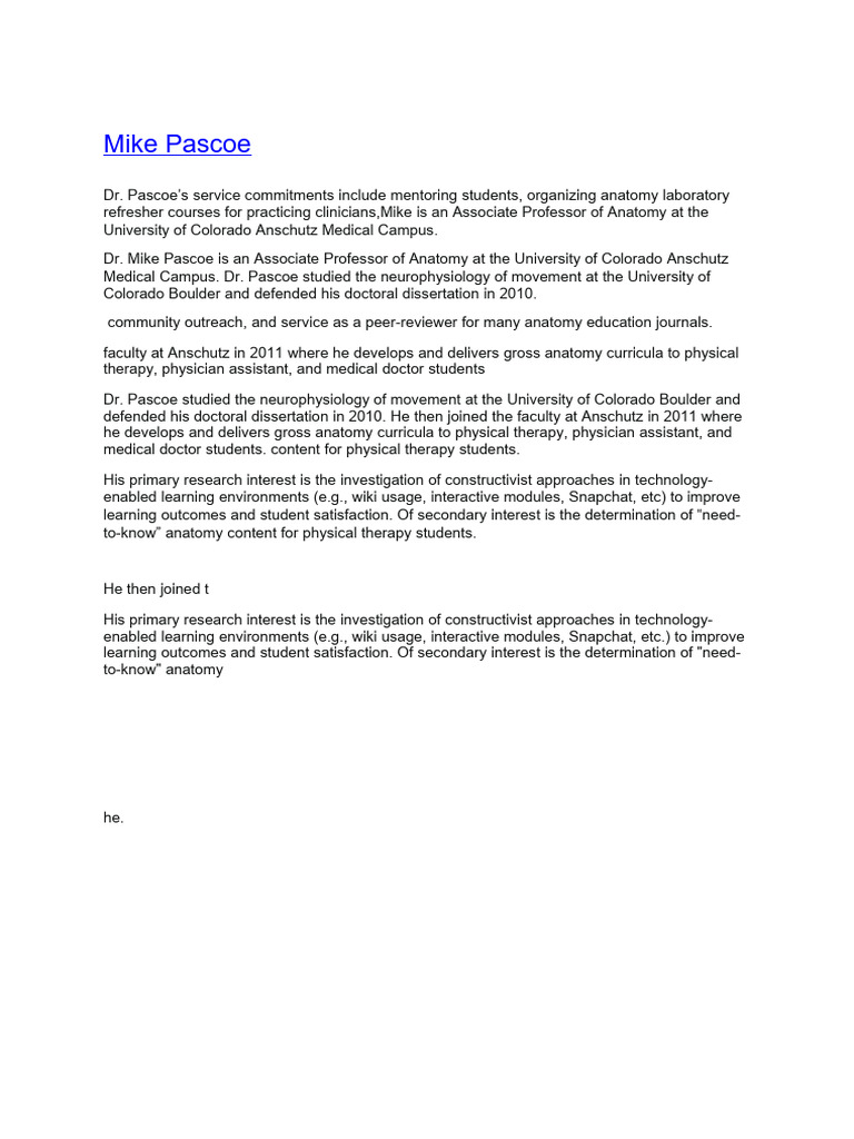 Dr. Mike Pascoe: Anatomy Education Expert | PDF