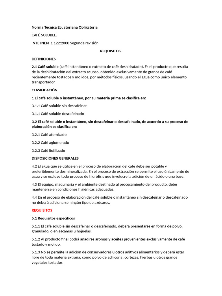 Norma Técnica Ecuatoriana Obligatoria (CAFE SOLUBLE) | PDF | café | Solubilidad