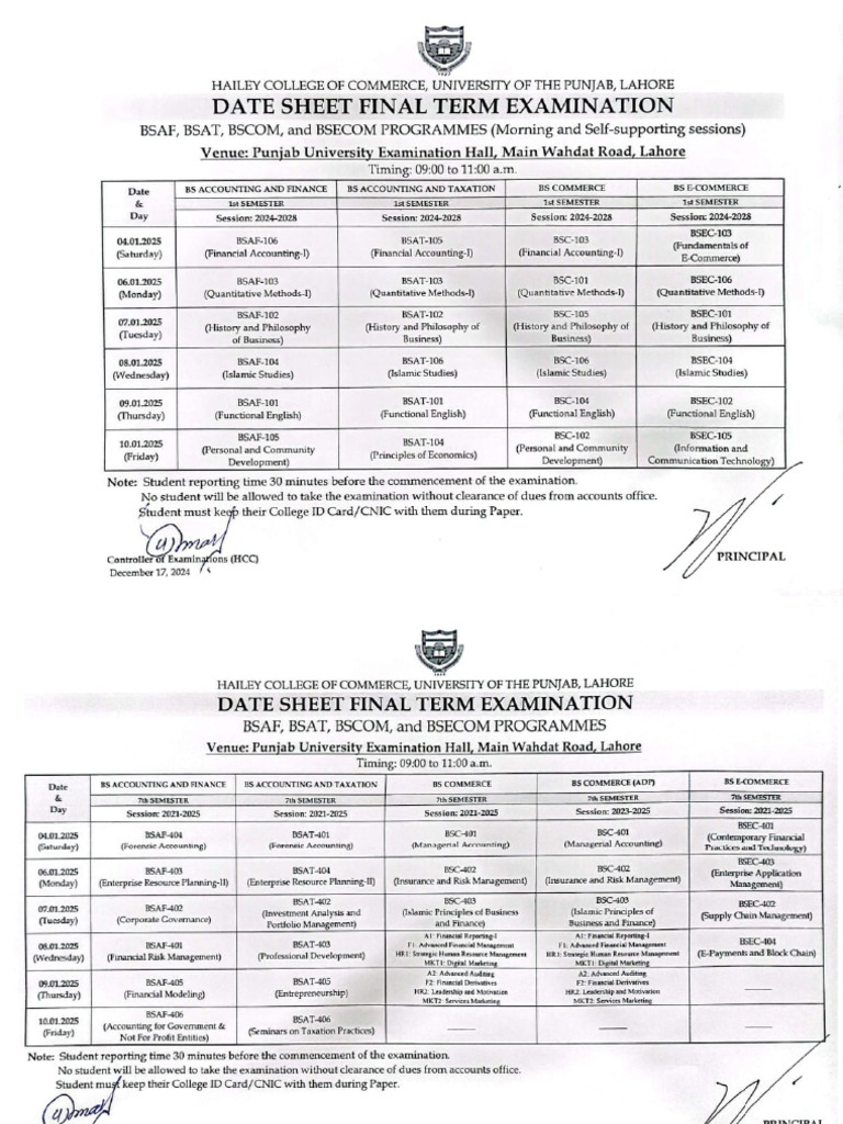 Date Sheet (Final Term Examination) W.E.F 04.01.2025 | PDF