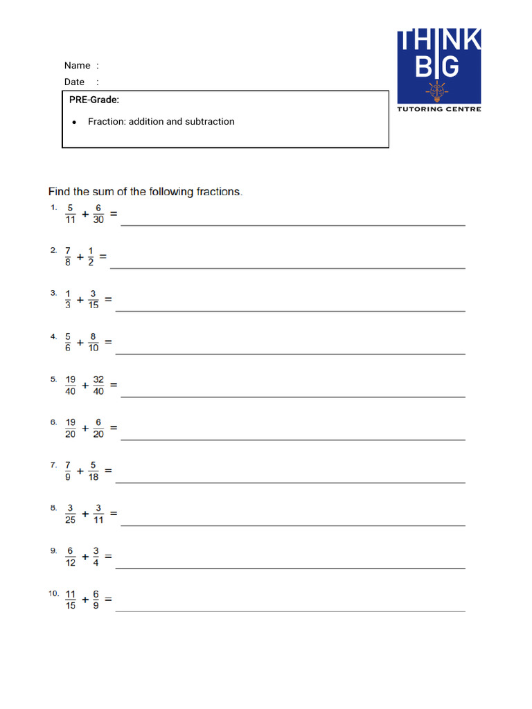 02.PRE-Grade 6 (Fraction - Addition and Subtraction) | PDF