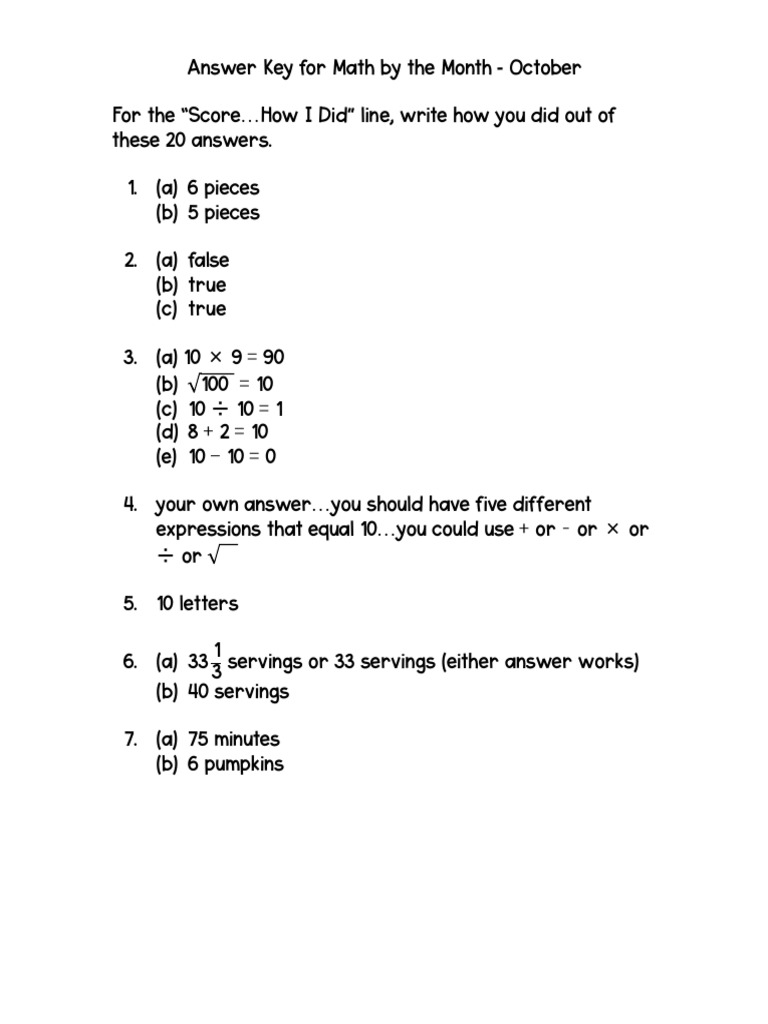 Answer Key Math by The Month - October 2425 | PDF