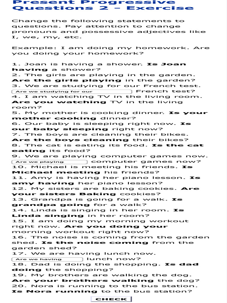 Present Progressive Questions Exercise English4u | PDF
