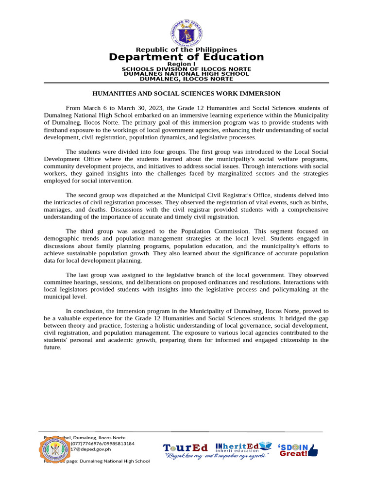 Humss Immersion Accomplishment Report 2023 | PDF