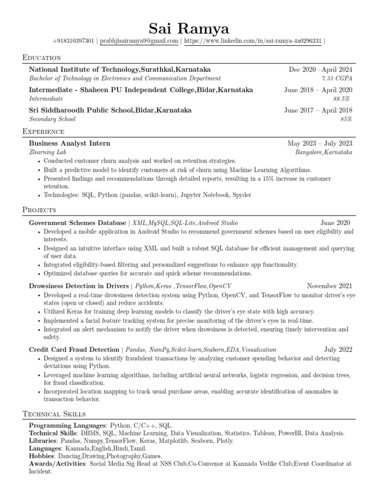 SAI - RAMYA (Data Science Resume) | PDF | Databases | Machine Learning