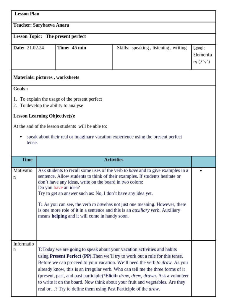 Present Perfect Lesson Plan for Beginners | PDF | Verb | Perfect (Grammar)