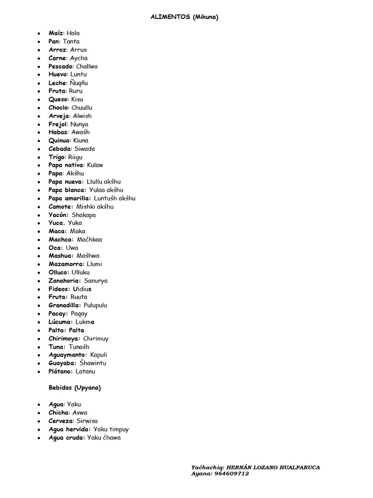 ALIMENTOS EN QUECHUA,, | PDF