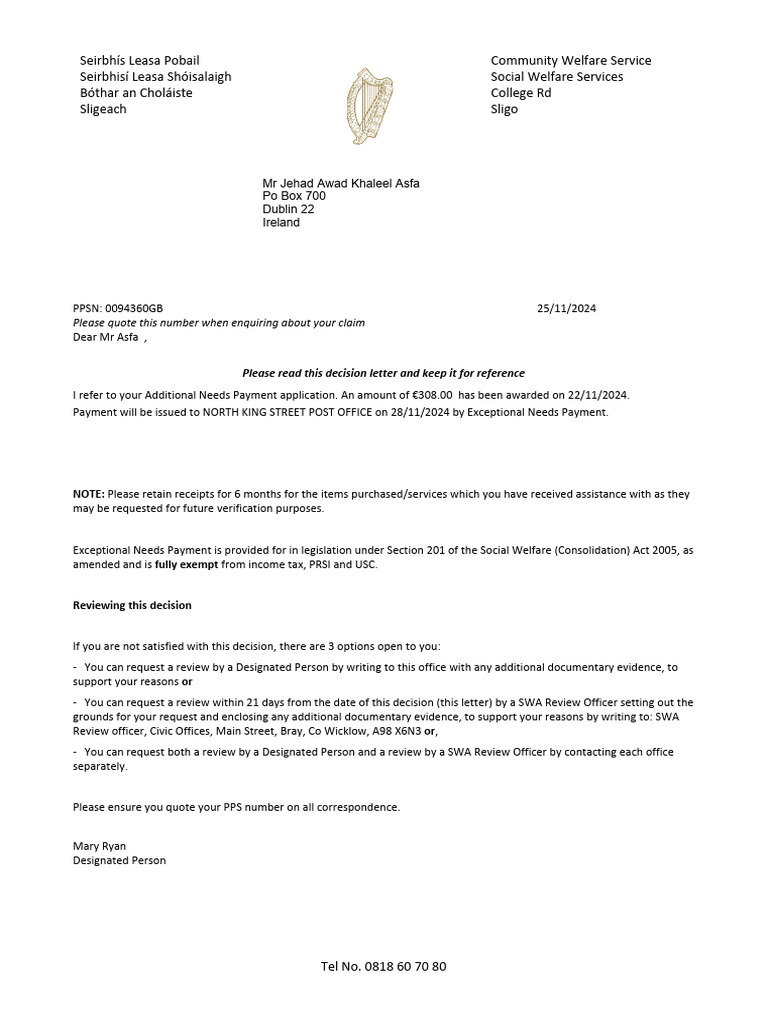 Additional Needs Payment Decision Letter | PDF | Taxes | Government ...