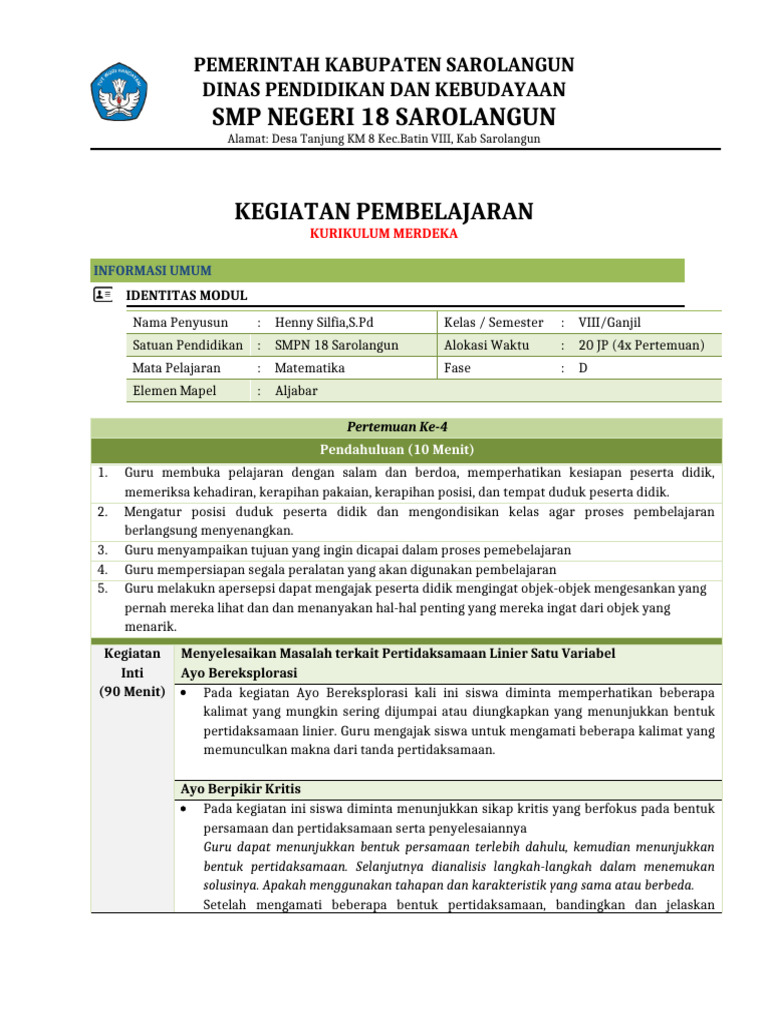 RPP KLS 8 BAB 3 MTK SMP | PDF