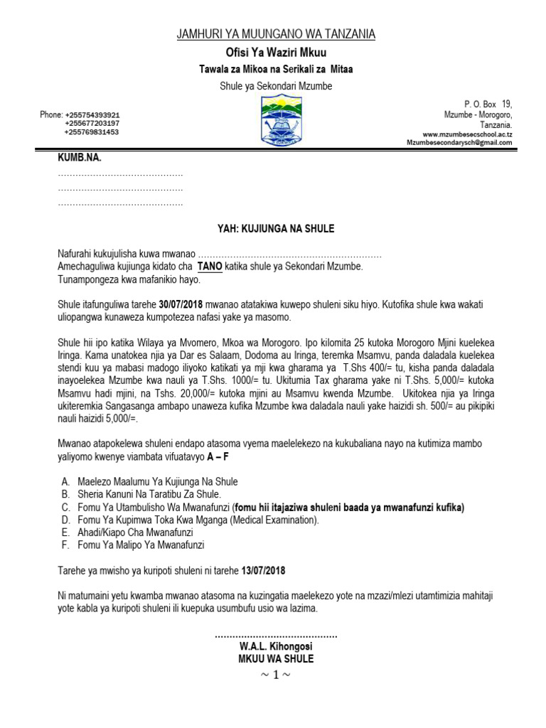 Mzumbe Secondary School Joining Instruction | PDF