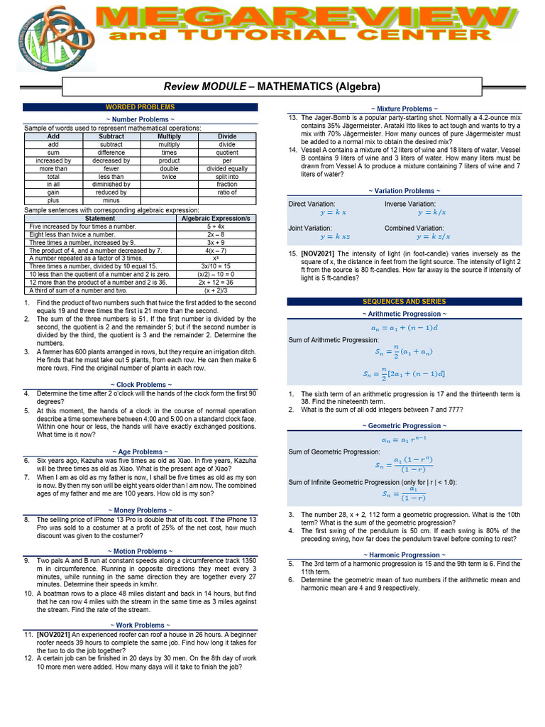 Review Module 01 Algebra Part 2 | PDF | Numbers | Mathematical Concepts