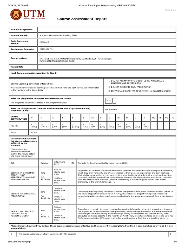 Course Planning & Analysis Using OBE With iCGPA Section 6 Edited | PDF | Behavior Modification ...