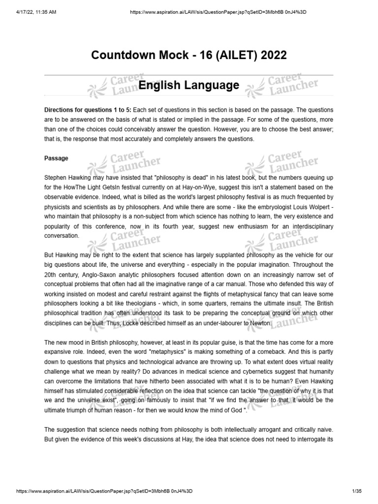 Countdown AILET Mock 16 | PDF | Argument | Reality