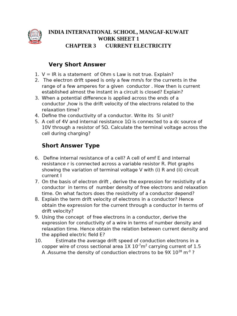 IIS W WORKSHEET 1 CURRENT ELECTRICITY | PDF