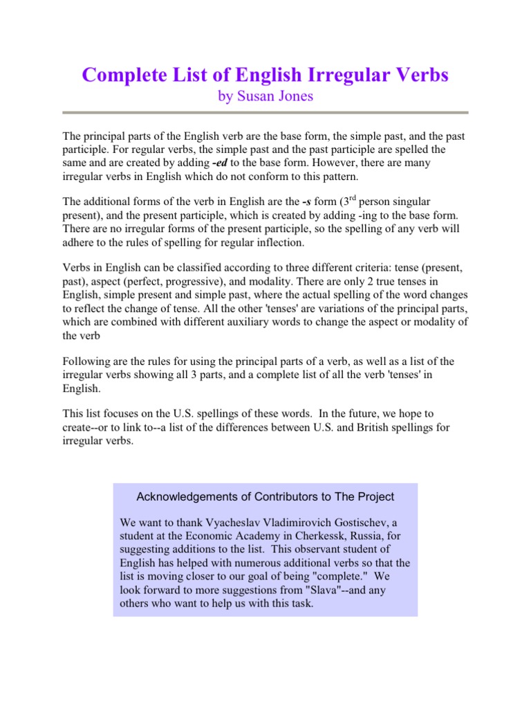 Complete List of English Irregular Verbs | PDF | Language Arts ...
