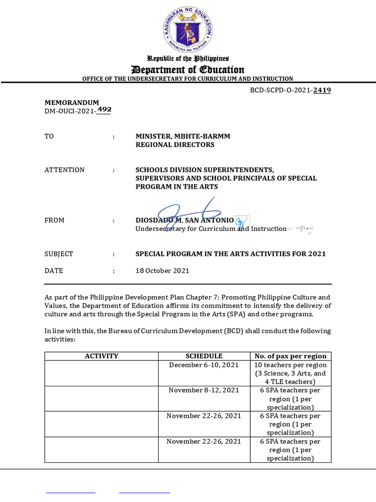 Dm Ouci 2021 492 Special Program in the Arts Activities for 2021 | PDF | Government | Philippines