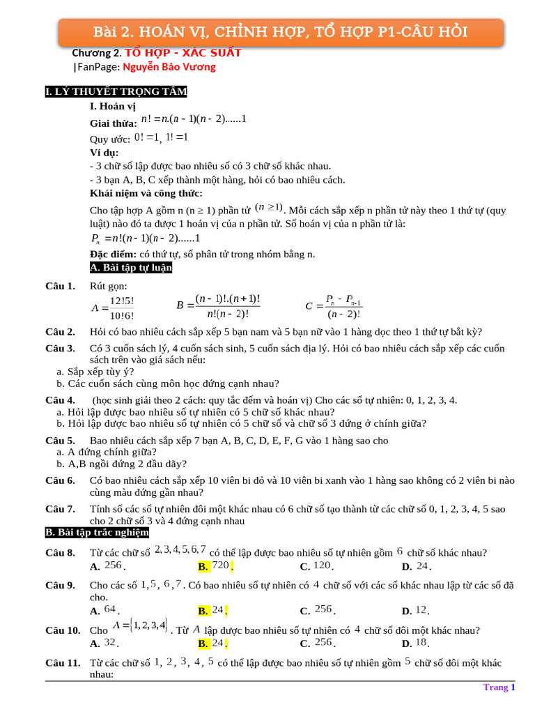 Hoán Vị, Chỉnh Hợp, Tổ Hợp - Đã Xong TN | PDF