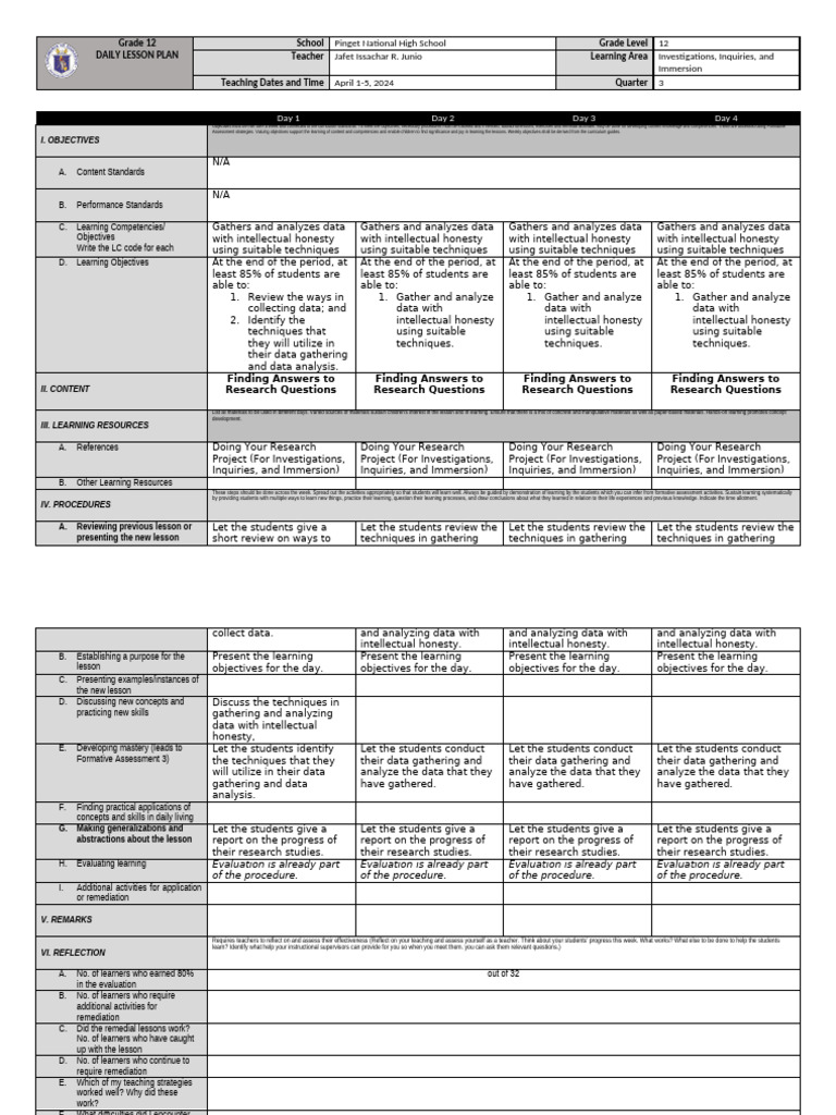 Sample Lesson Plans On Inquiries, Investigations, and Immersion For ...