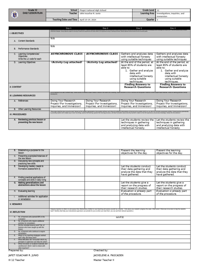 Sample Lesson Plans On Inquiries, Investigations, and Immersion For ...