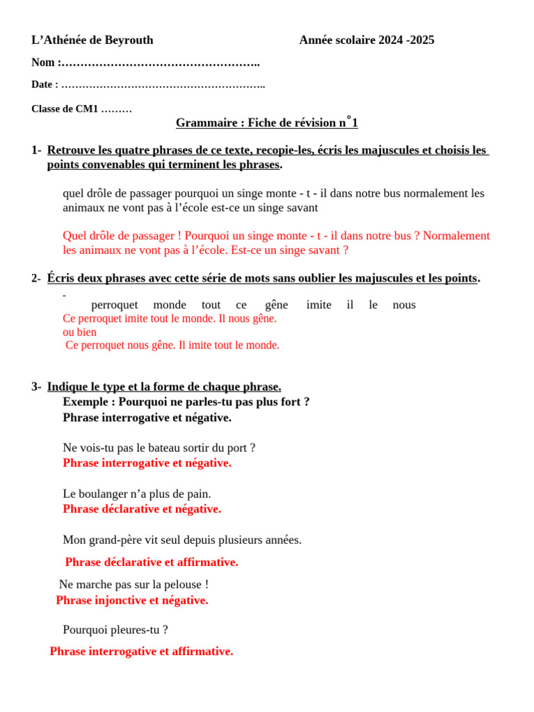 CM1 - CORRIGE Grammaire Fiche de Revision | PDF | Phrase | Syntaxe
