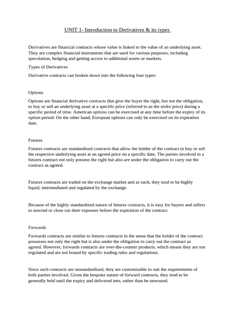 UNIT 1 Notes | PDF | Derivative (Finance) | Futures Contract
