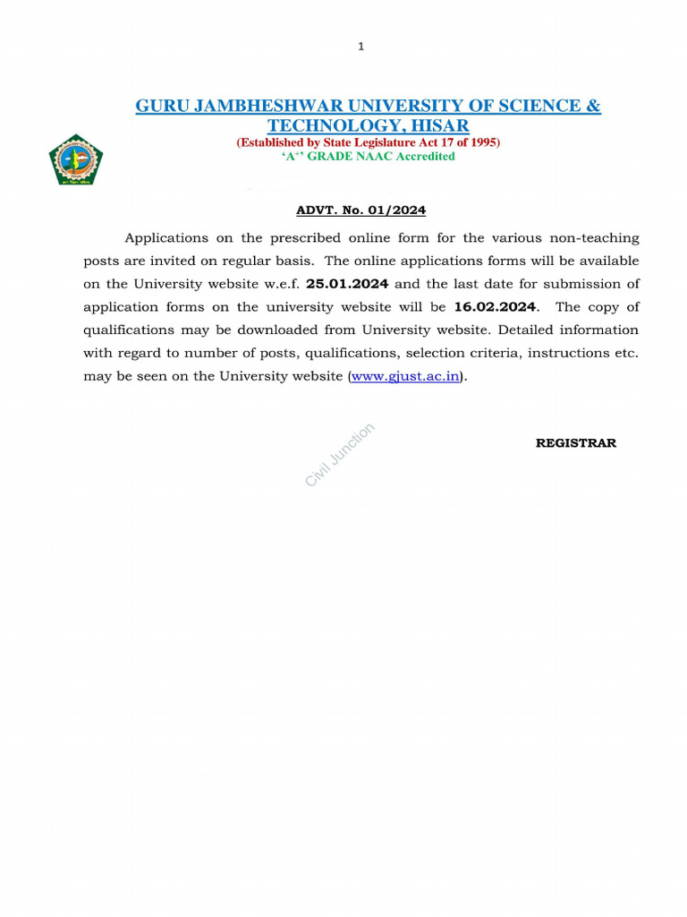 GJU Hisar Non Teaching Recruitment 2024 Notification | PDF