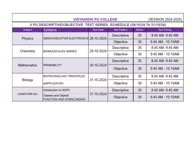 II PU TEST SERIES SCHEDULE UPDATED - XLSX - Google Sheets | PDF