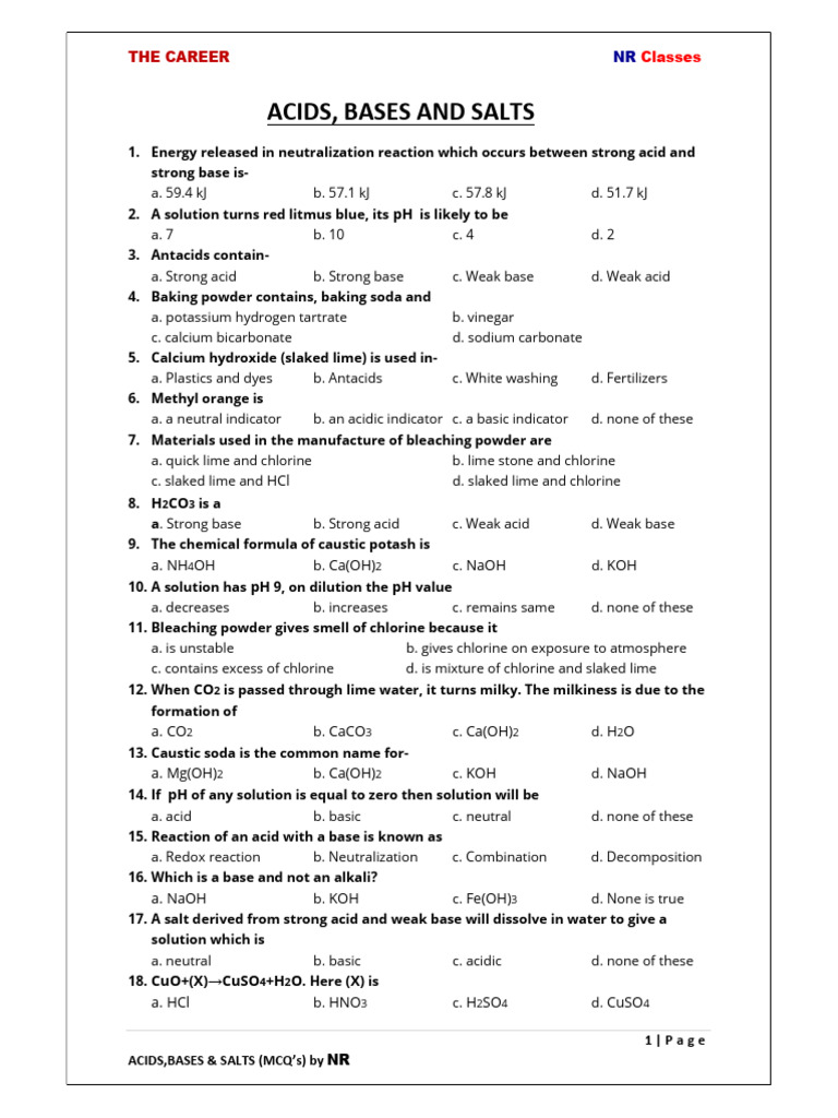 Acids, Bases & Salts 100 Mcqs | PDF | Acid | Hydroxide