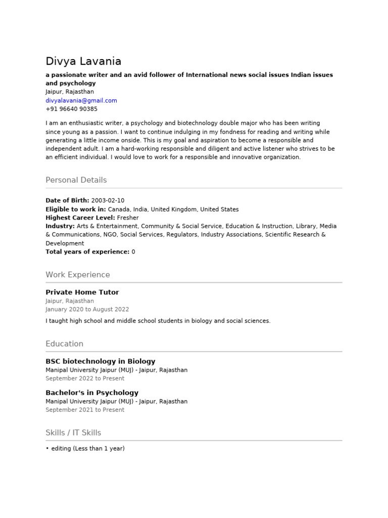 Divya Lavania: Personal Details | PDF