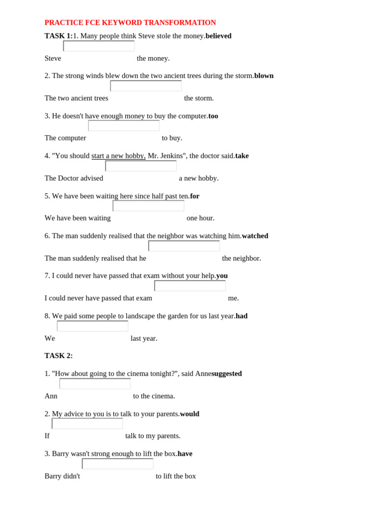 PRACTICE FCE KEYWORD TRANSFORMATION - 2 | PDF