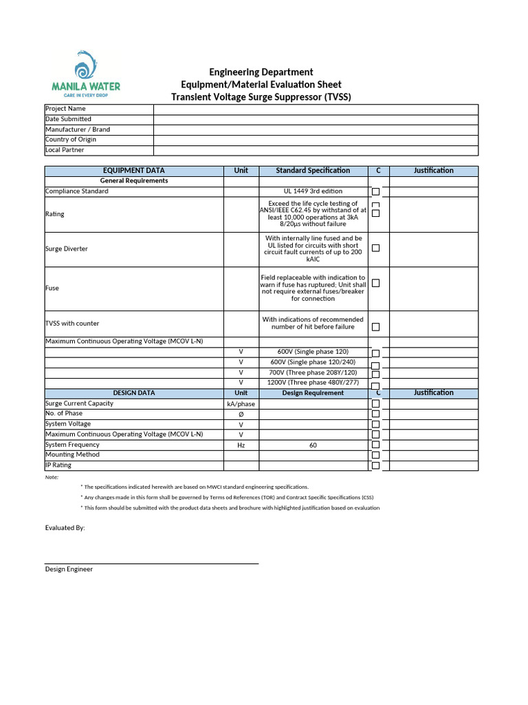 TVSS Evaluation Sheet for Engineers | PDF | Fuse (Electrical ...