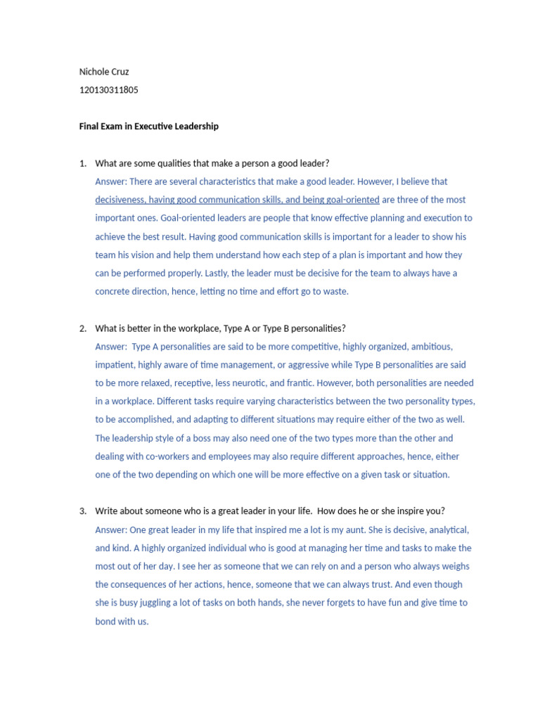 Nichole Cruz - Executive Leadership Final Exam (MA 560) | PDF ...