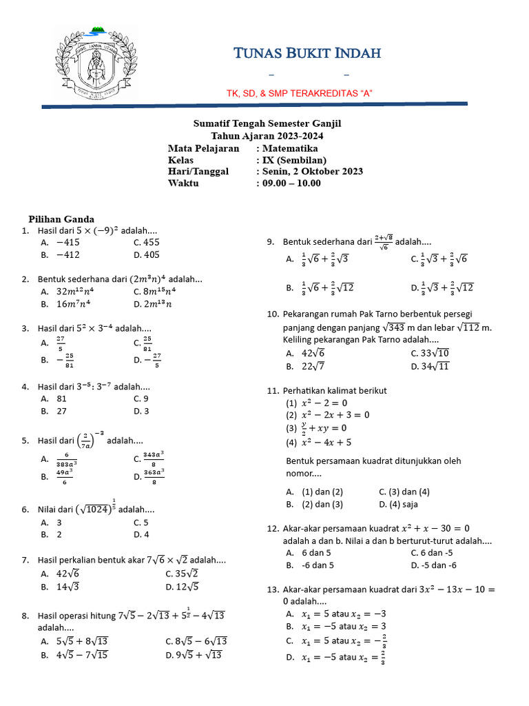 PTS MTK 9 Ganjil | PDF