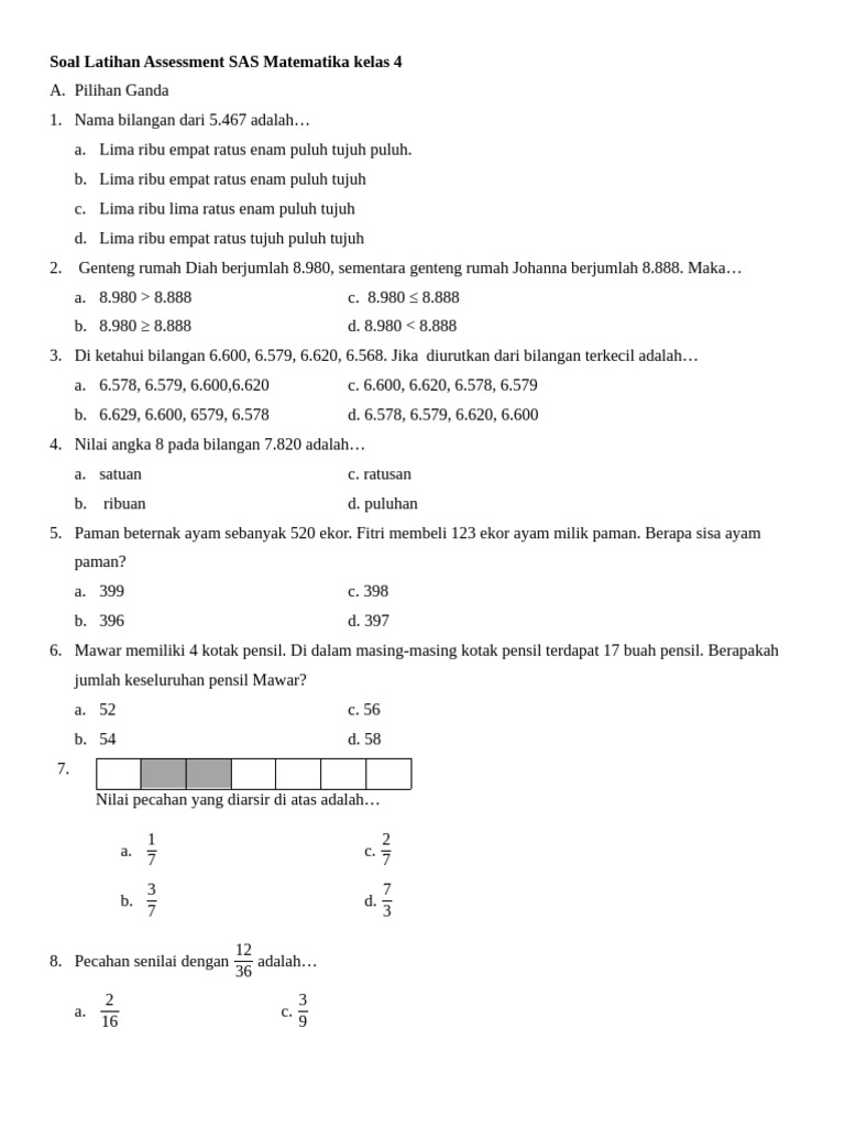 Soal Latihan Assessment SAS Matematika Kelas 4 | PDF