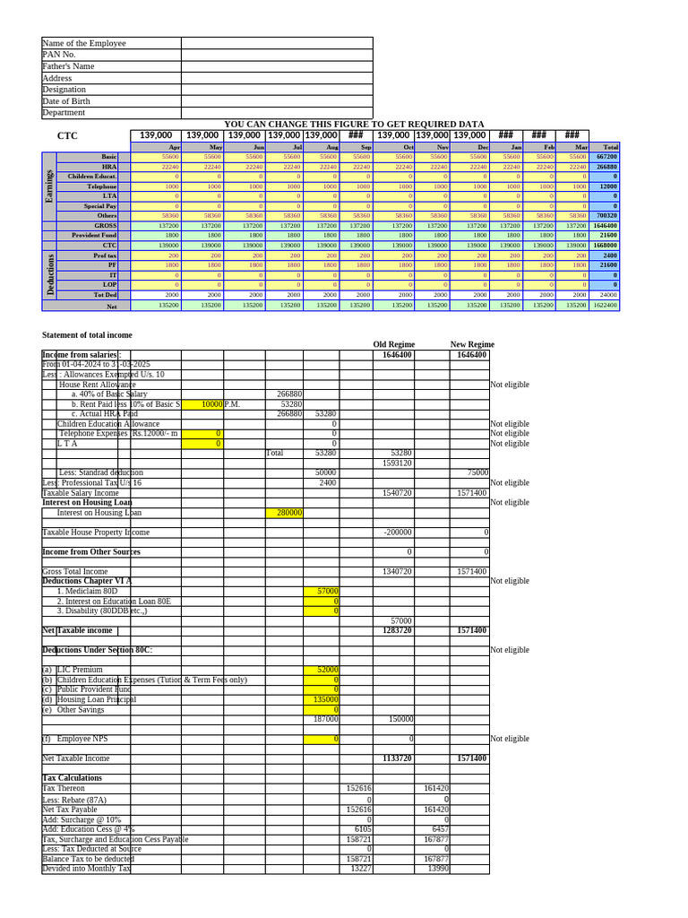 Tax Calculator Old Regime Vs New Regime | PDF | Tax Deduction | Taxes