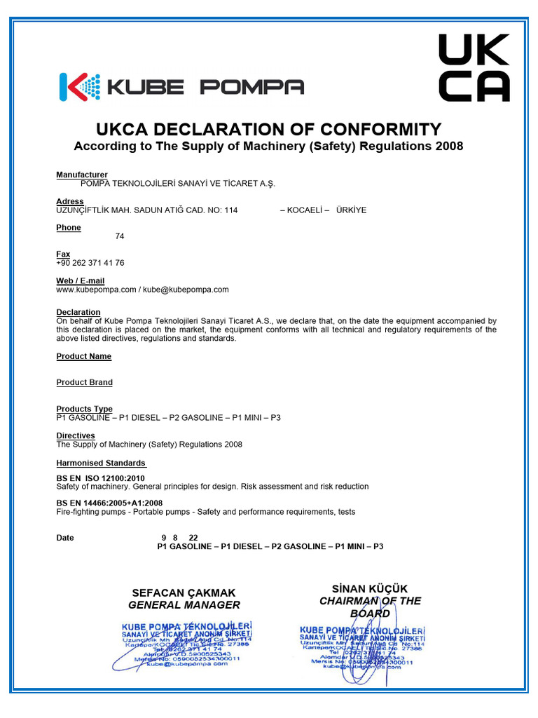 UKCA Conformity: KUBE Portable Motopump | PDF