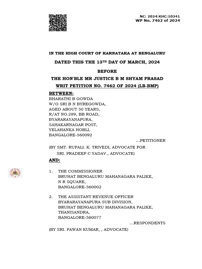 Bharathi B Gowda Vs The Commissioner BBMP and Others. | PDF | Expense | Judiciaries