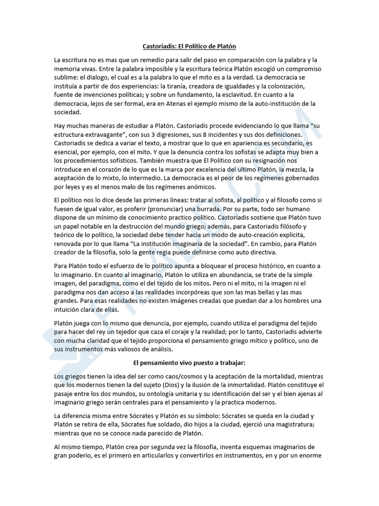 Castoriadis y Platón: Democracia y Política | PDF | Platón