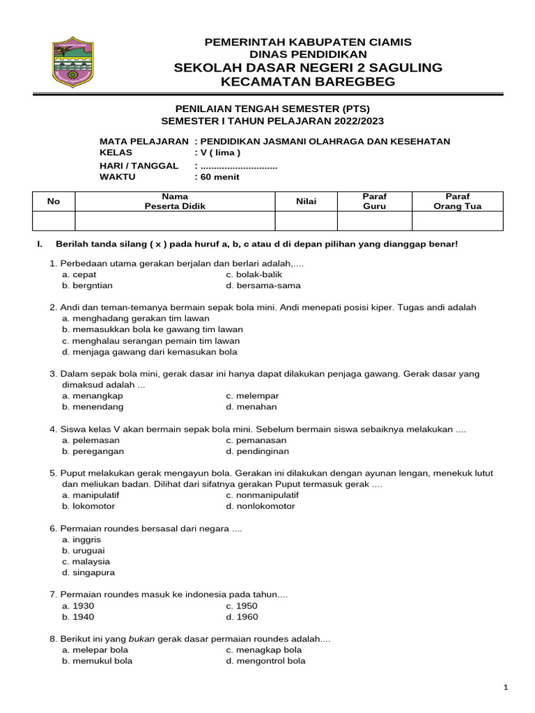 SOAL PTS PJOK KELAS 5 2022-2023 | PDF