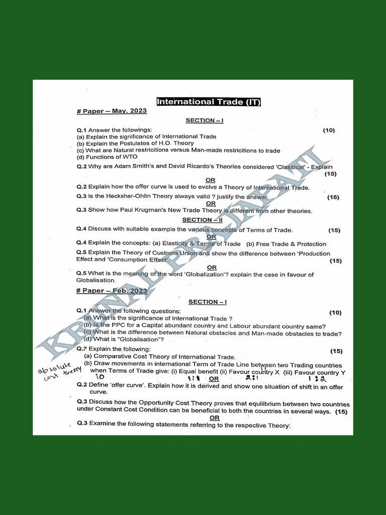 International Trade Previous Year Question Papers | PDF