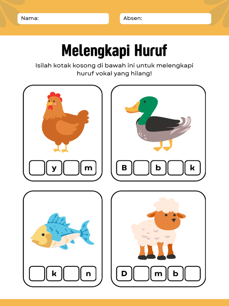 Lembar Kerja Melengkapi Huruf Vokal Nama Hewan Kuning Ilustrasi PDF | PDF