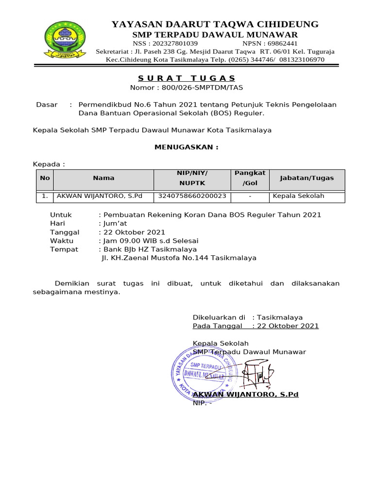 026 SURAT TUGAS AKWAN PEMBUATAN REKENING KORAN DANA BOS REGULER TAHUN 2021 | PDF