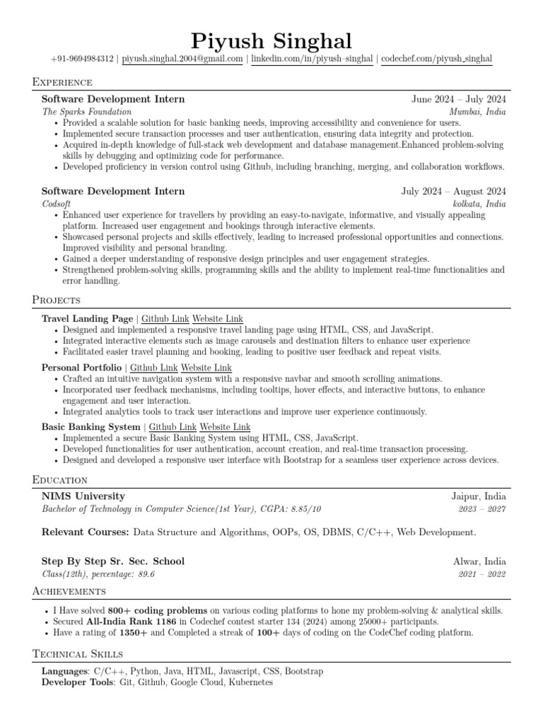 Piyush Singhal Resume | PDF | Web Development | Computer Programming