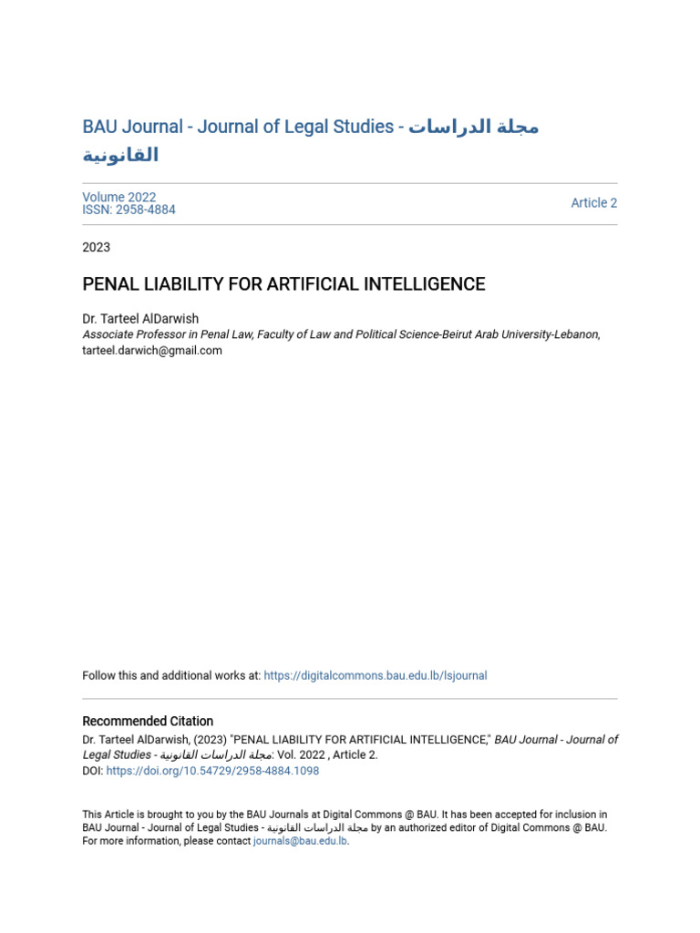 Penal Liability For Artificial Intelligence | PDF